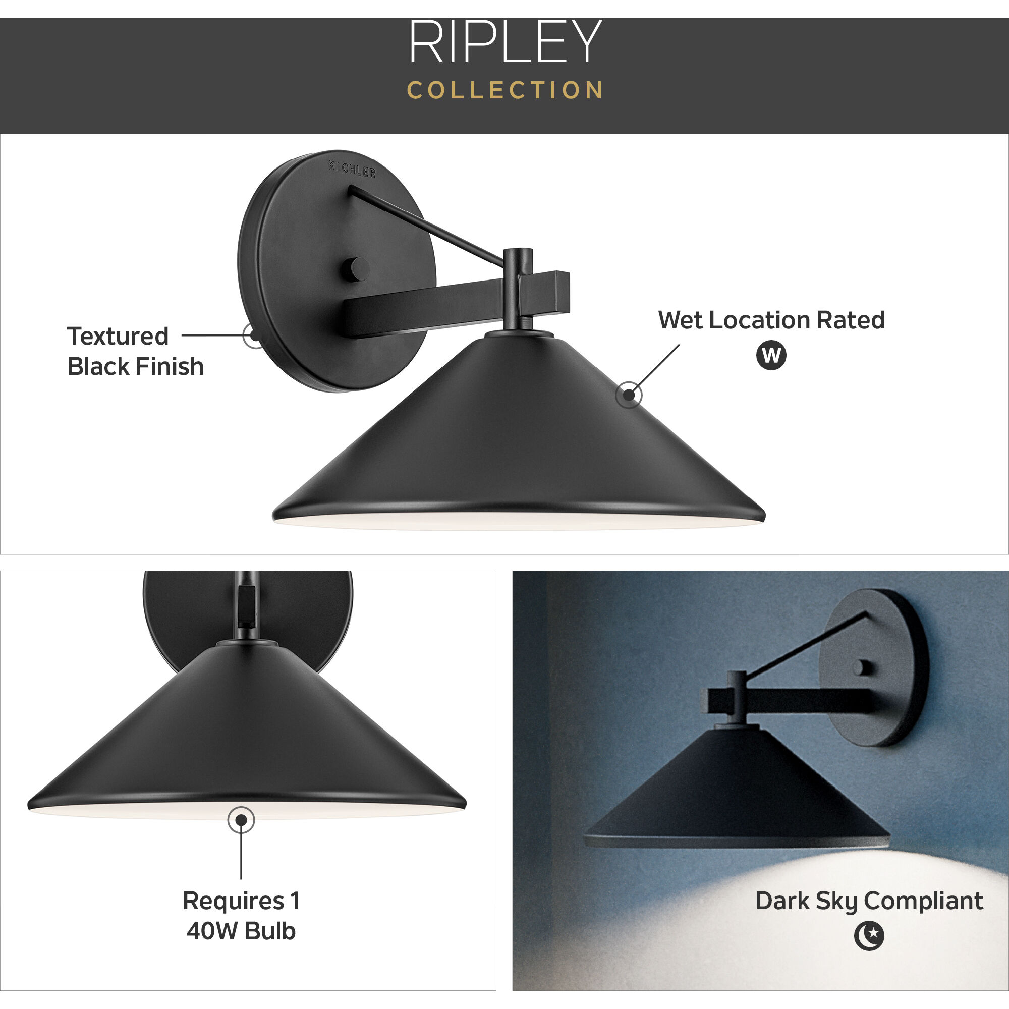Kichler 49061BK Ripley 1 Light 10 inch Black Outdoor Wall Sconce, X-Large